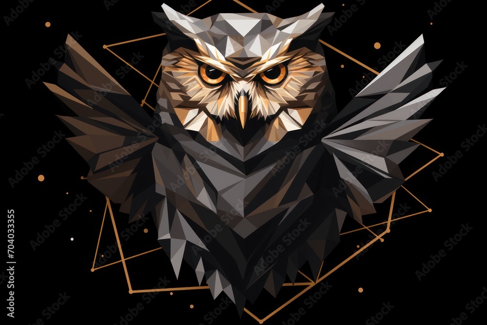 an owl in low poly art style on a black background with a golden ...