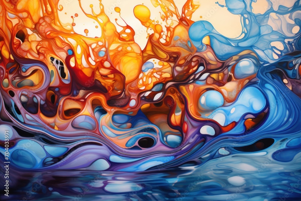 an abstract painting of blue, orange, and yellow liquid flowing over a ...