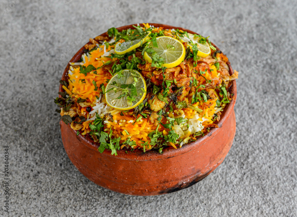 Spicy chilman, matka or clay chicken biryani pot topping with lime ...