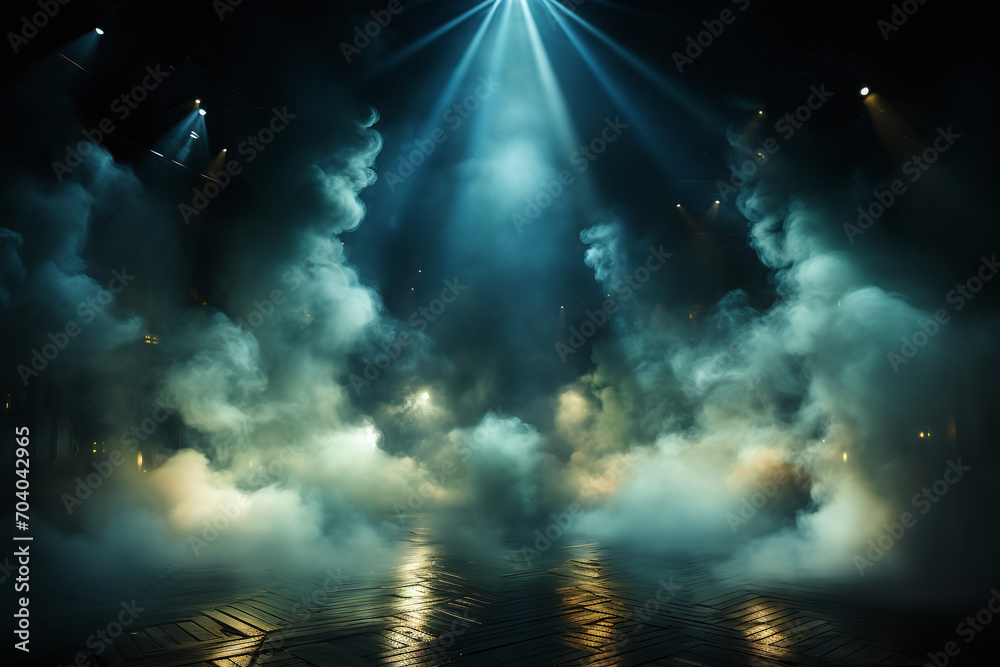 background stage effect with fog machine and headlights and spotlights ...