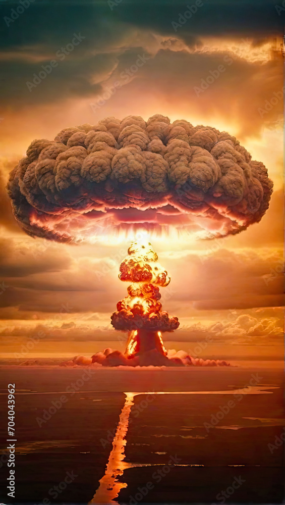 Terrible explosion of a nuclear bomb with a mushroom with road at night ...