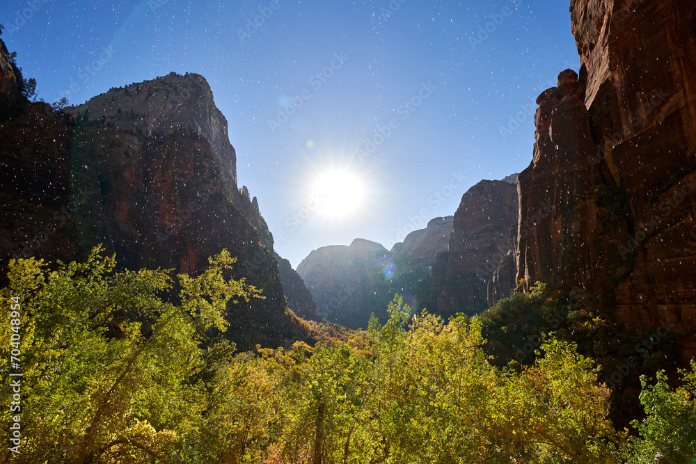 Water drips from a rock overhang. The low sun shines up the canyon ...