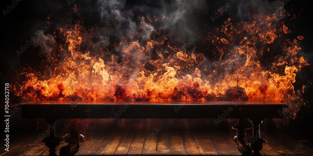 wooden table with Fire burning at the edge of the table, fire particles ...