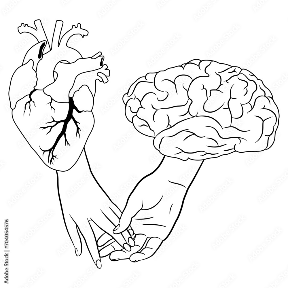 Human heart and brain holding hands. Creative concept. Union between ...