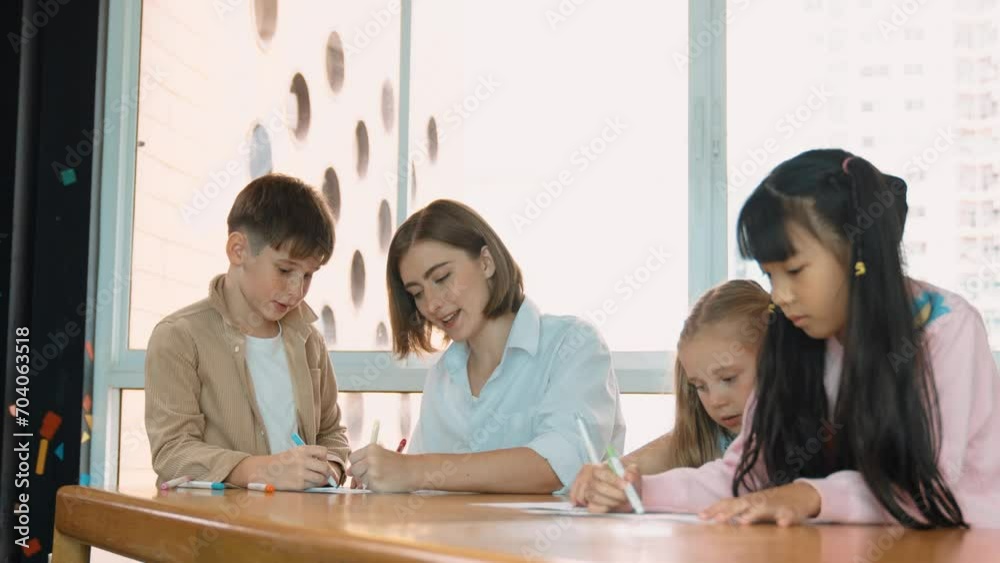 Panorama shot of happy diverse student and smart teacher drawing and ...