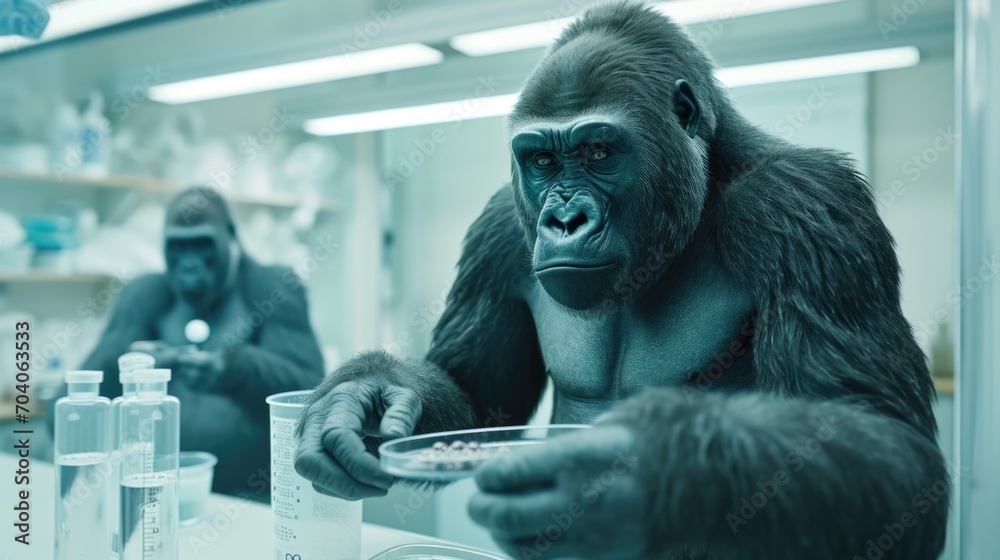 Gorilla Intently Analyzing Petri Dish in a Scientific Laboratory Setting Stock Photo | Adobe Stock