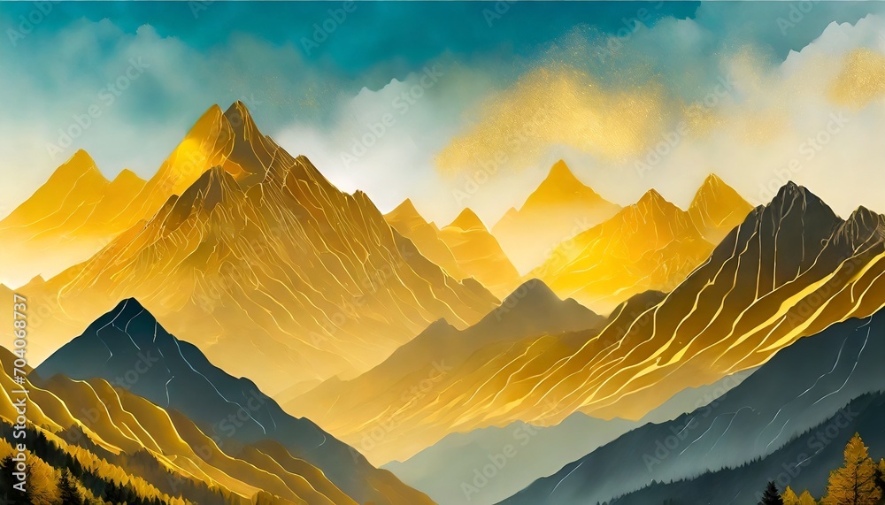 gold mountain wallpaper design with landscape line arts golden luxury ...