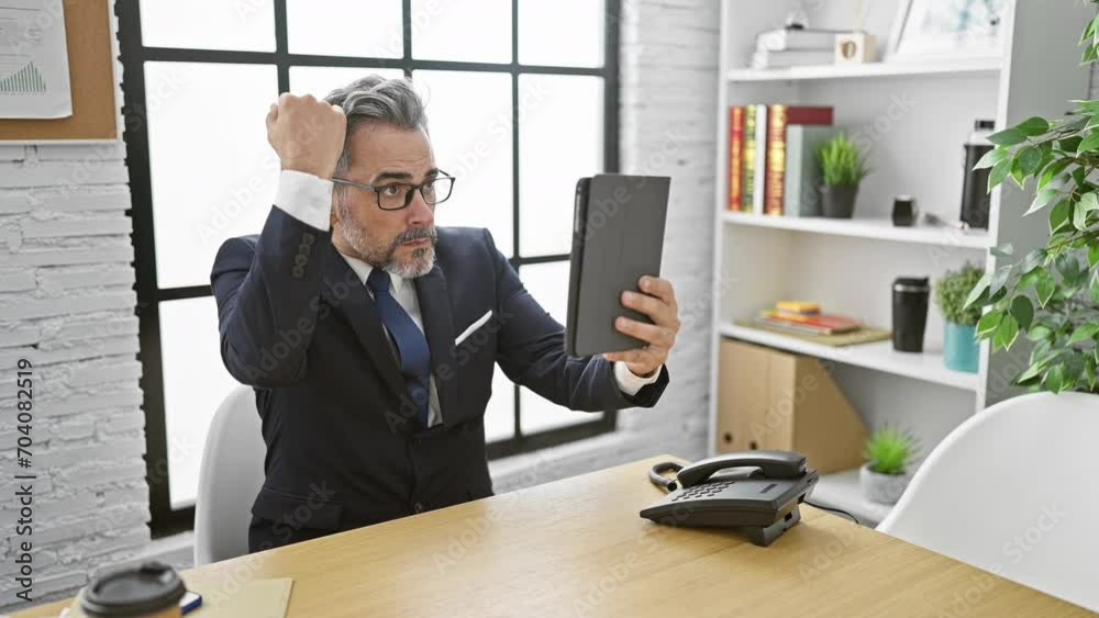 Vidéo Stock Handsome, grey-haired, young hispanic business man takes a ...