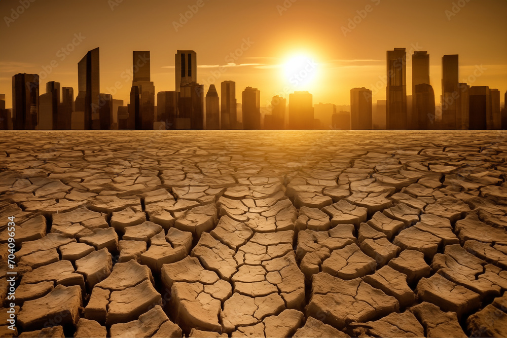 Drought land at Cityscape of buildings. Global drought. City metropolis ...
