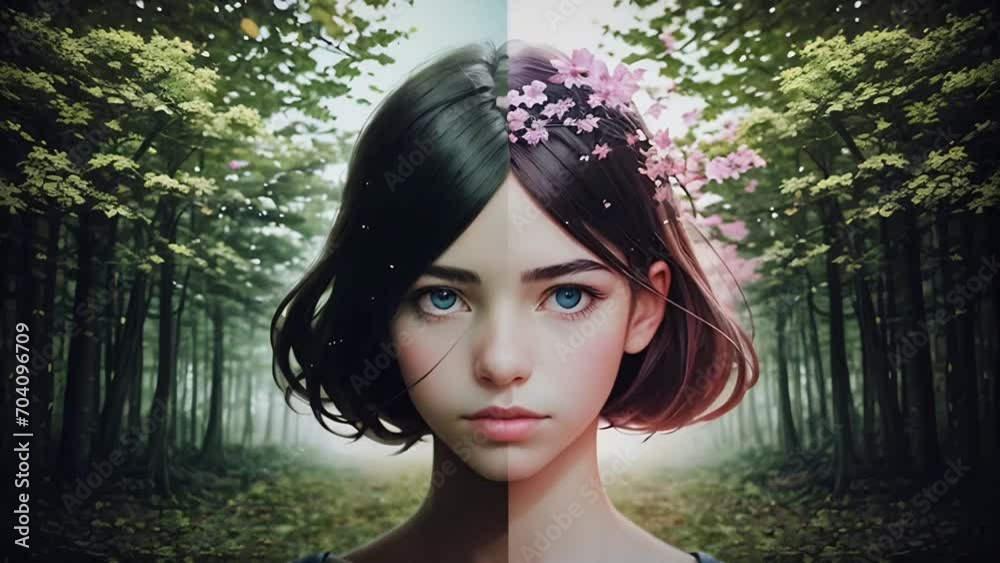 A young girl's face artfully transitions into a forest scene, evoking ...