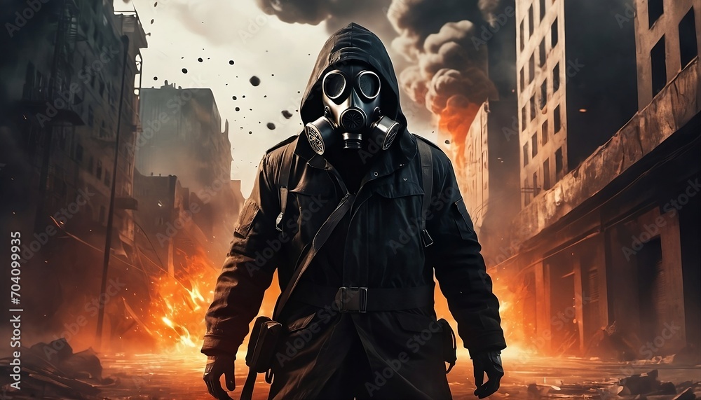 Apocalypse explosion. Person in gas mask. Man walking out of an ...