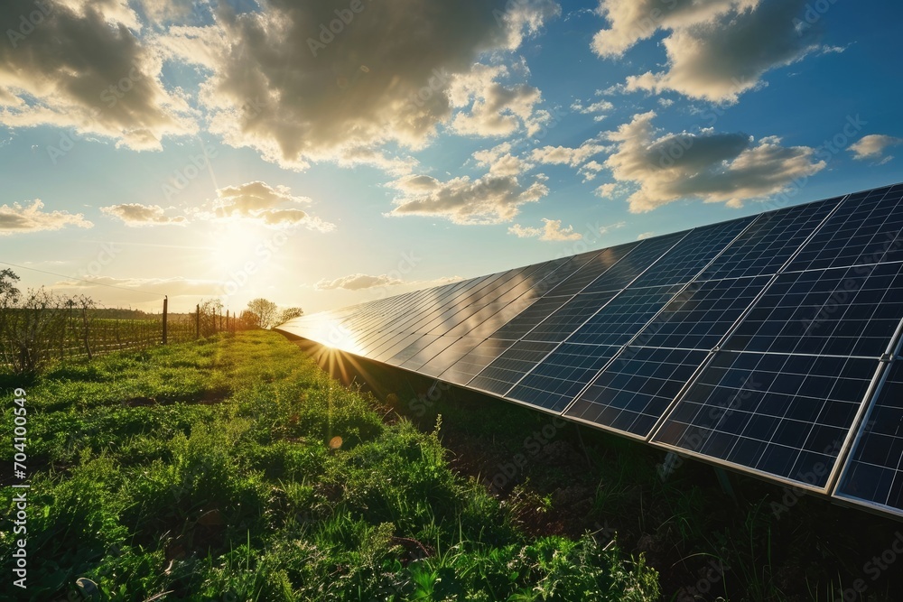Amidst the lush green grass, solar panels bask under the sunny sky ...