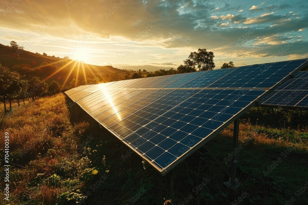 Vibrant solar panels dot the vast green landscape, harnessing the ...