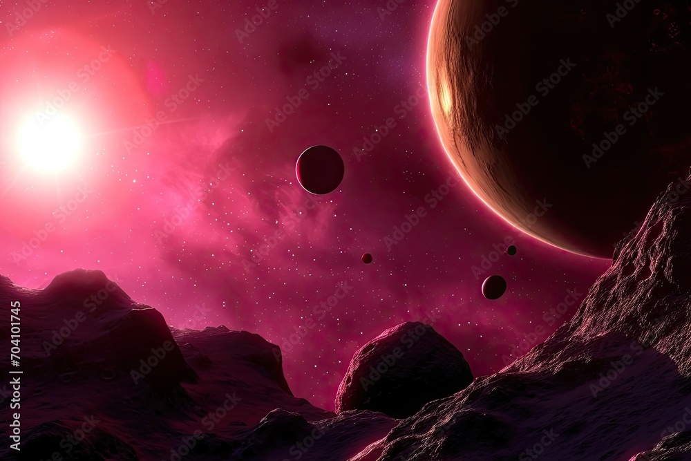 A vibrant portrayal of a red dwarf star system With orbiting exoplanets ...