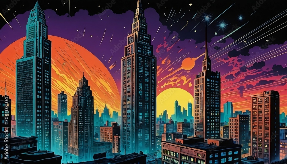 Panorama dark evil old detroit city, halo, glow, sparks, radiance ...