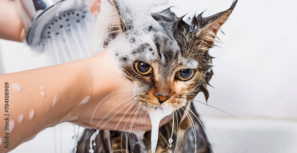 Cat bath. Funny wet cat. Girl washes cat in the bath. Woman shampooing ...