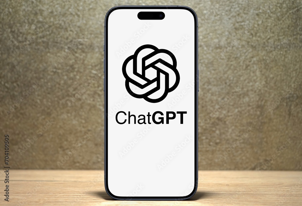 ChatGPT logo is displayed on an iPhone 15 Pro standing on a wooden desk ...