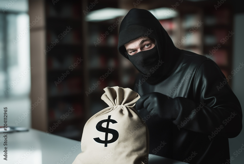 Fototapeta Bank robbery. Criminal in mask with bags of money. Money bags from bank in hands of ...