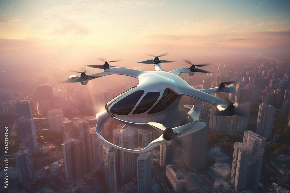 Flying car in sky. Electric air car flight above a cityscape. Future ...