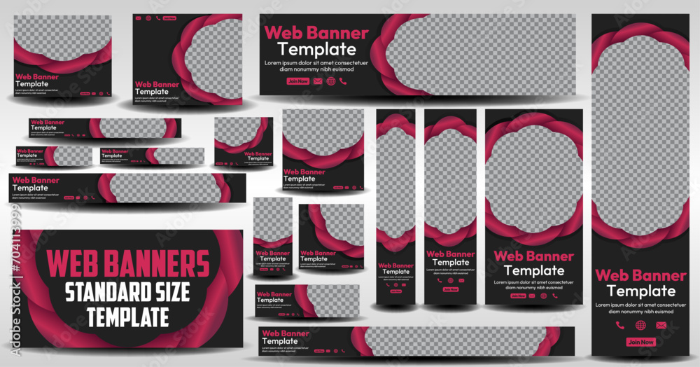 Horizontal geometric web banners of standard size in red and black ...