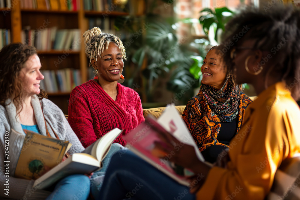 Book club, an inviting scene featuring a diverse group of women ...