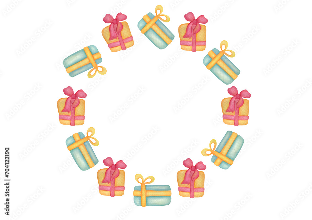 cute watercolor border frame with gift boxes, free place for text, copy ...
