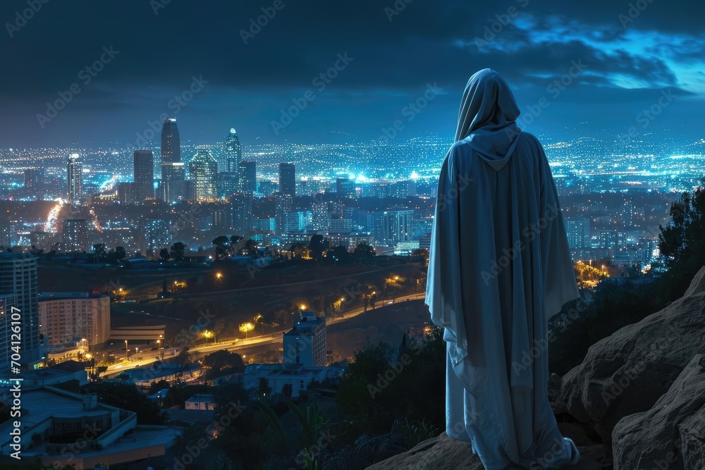 Jesus on a city rooftop at night Overlooking the skyline Offering peace ...