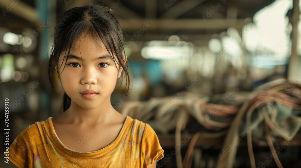 Small Asian girl's portrait with blurred textile factory background ...
