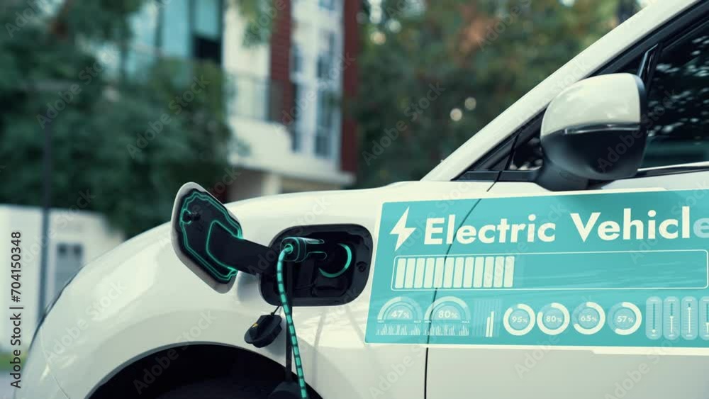 Electric car recharging in futuristic home charging station with smart ...