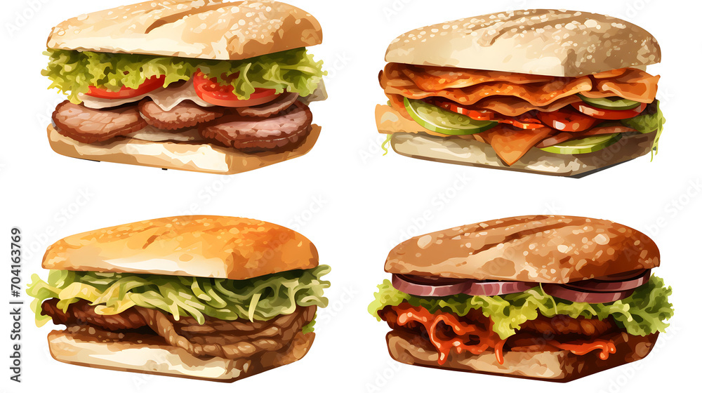 Set of Turkish doner kebab sandwich, canadian peameal bacon, Korean ...