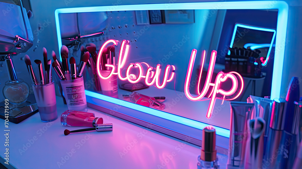 Glow Up written in neon lights at a cosmetic store, popular Gen Z slang ...