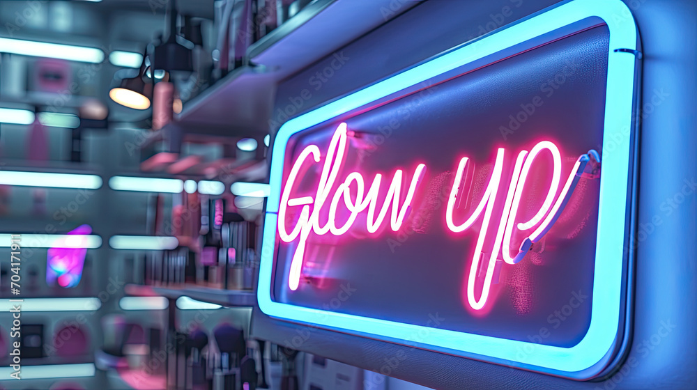 Glow Up written in neon lights at a cosmetic store, popular Gen Z slang ...