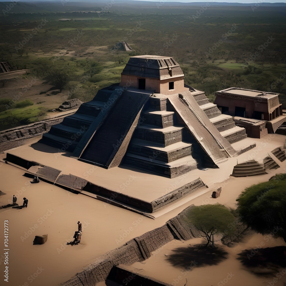An ancient Aztec pyramid complex with intricate carvings and ...