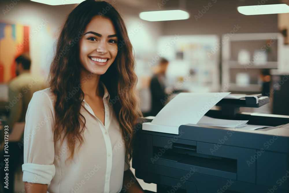 Office worker prints paper on multifunction laser printer. Document and ...