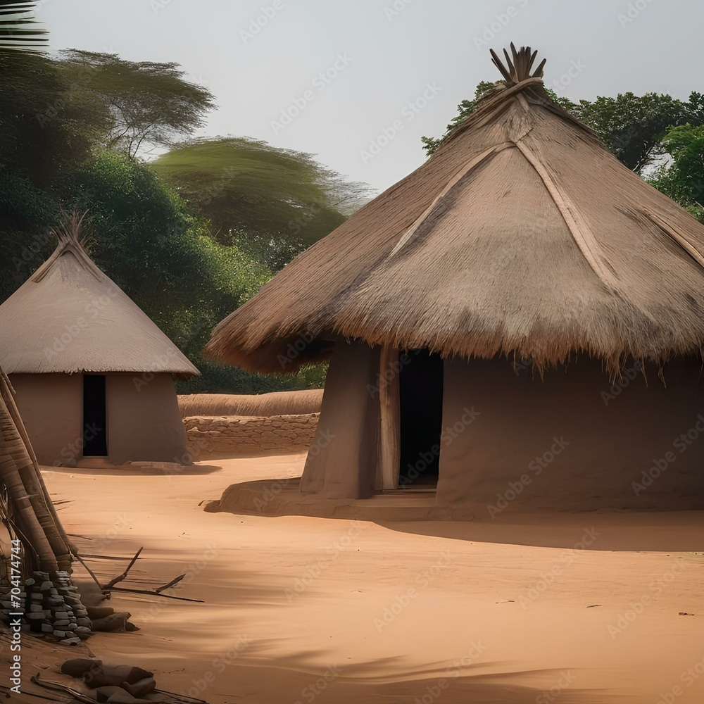 A traditional African mud hut village with thatched roofs2 Stock Illustration | Adobe Stock