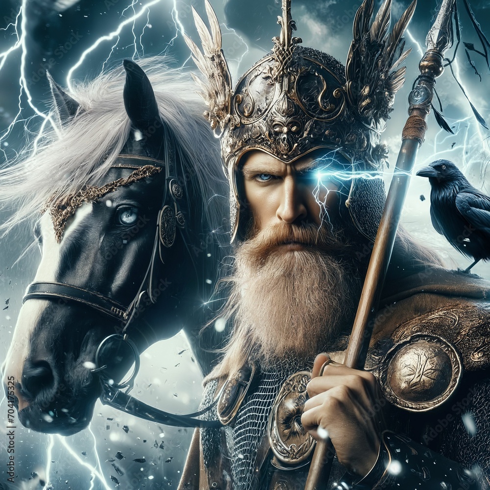 The great Nordic one-eyed god Odin with his ravens Huginn&Muninn ...