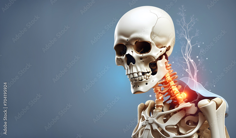 Neck pain and cervical spondylosis, skeleton illustration with copy ...