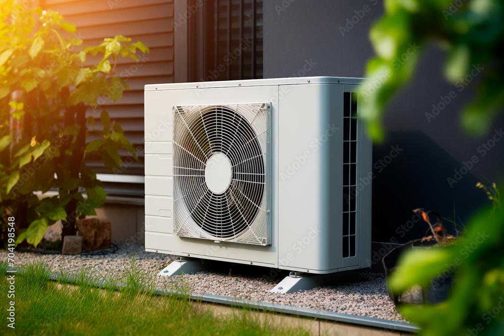 Outside a house, a modern heating, ventilation, and air conditioning ...