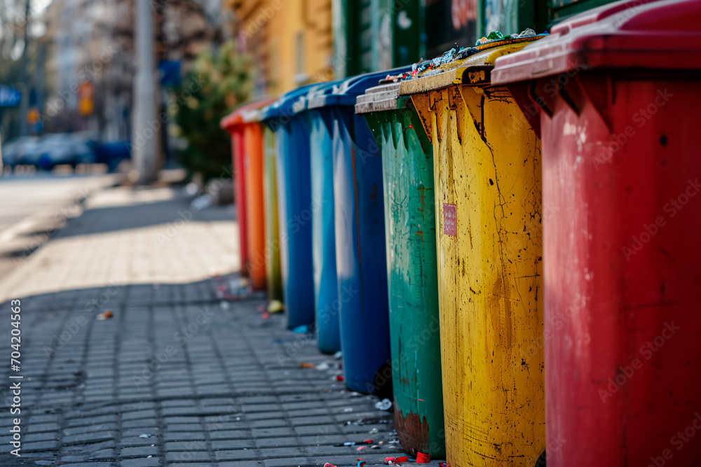 Color-coded garbage cans for sorting waste on a city street, promoting ...