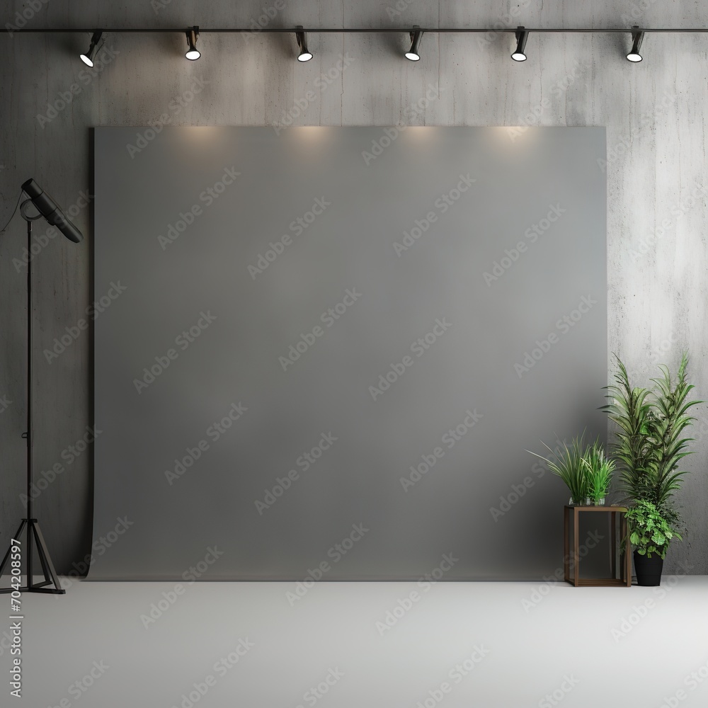 Modern empty studio with grey concrete wall and spotlights Stock ...