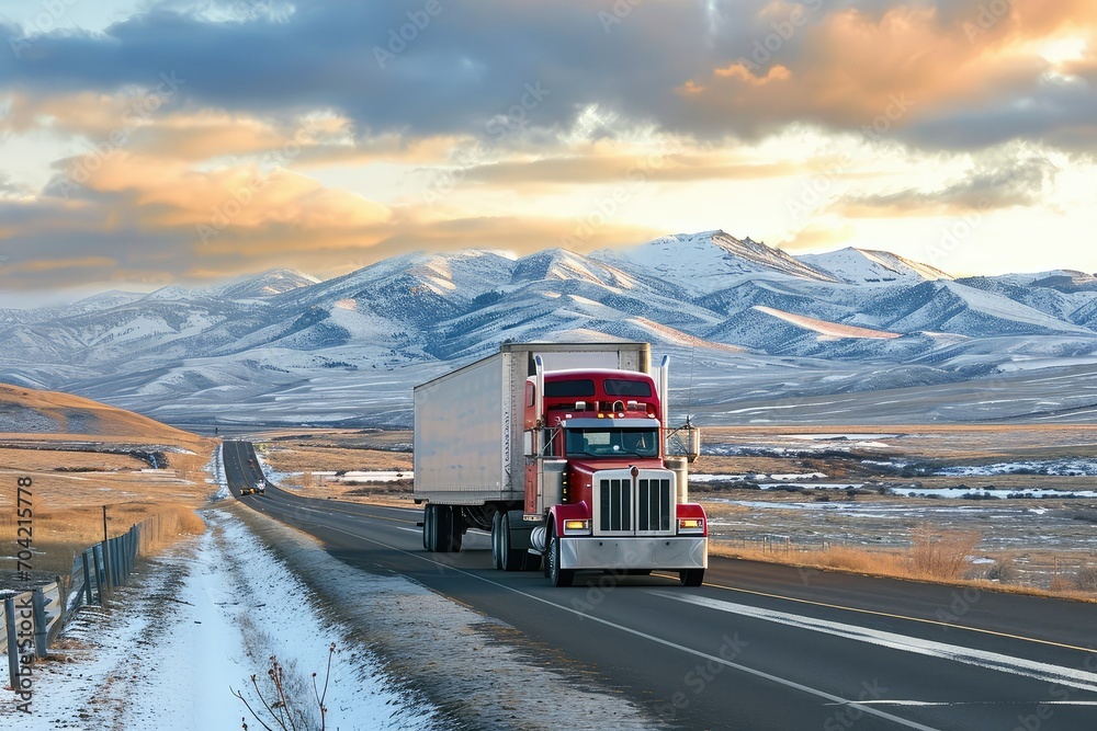 Colossal semi-trailer cargo truck on a cross-country highway expedition ...