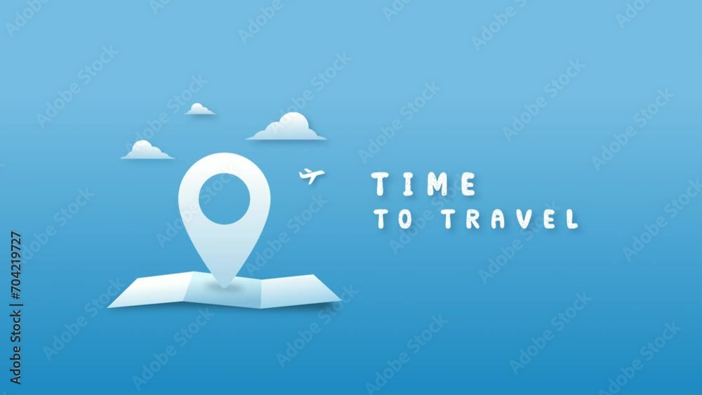 travel animation with world map and blue background, time to travel ...