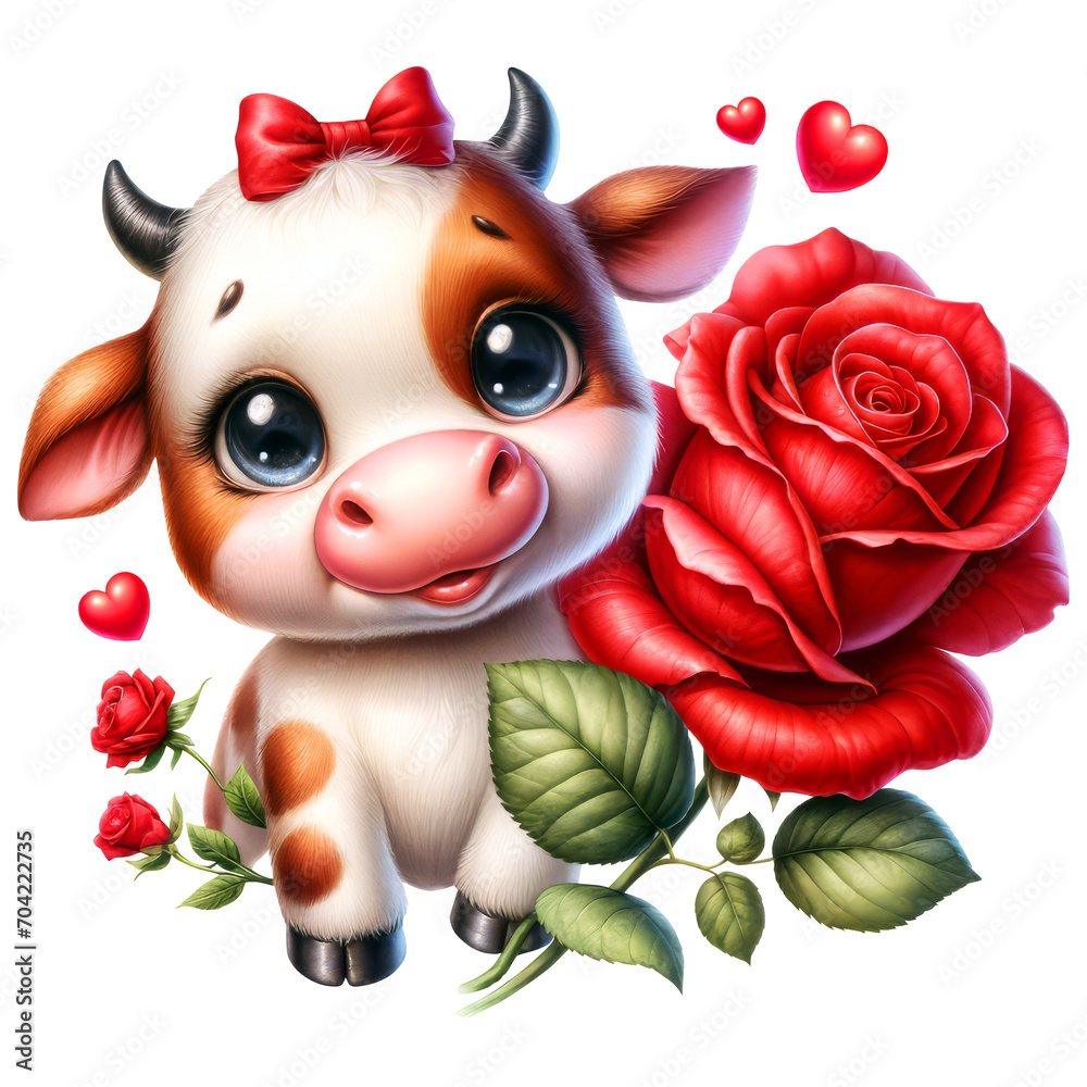 Cute Cow with Rose Flower Watercolor Clipart isolated on Transparent ...