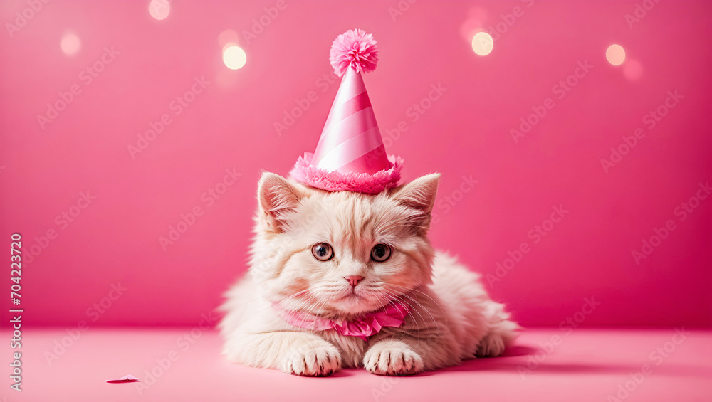 Cute baby cate girl wearing party hat on pink background with copy ...