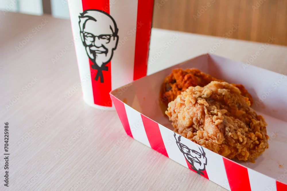 Bangkok, Thailand - January 07 2024 - Two pieces of KFC fried chicken ...