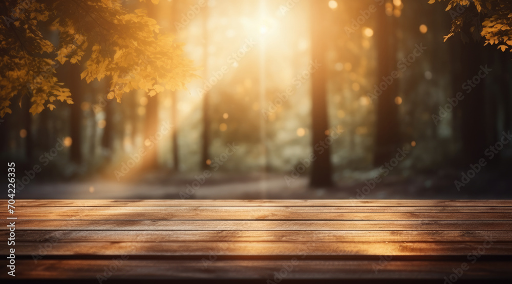 Wood plank platform, golden forest, blurred background, sun rays ...