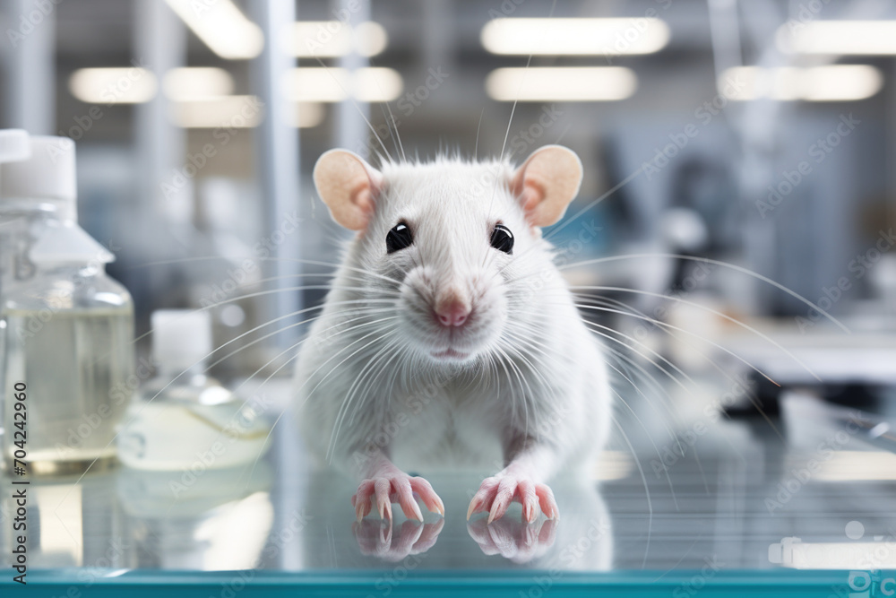 Small white laboratory mouse with dark eyes in on metal lab office ...