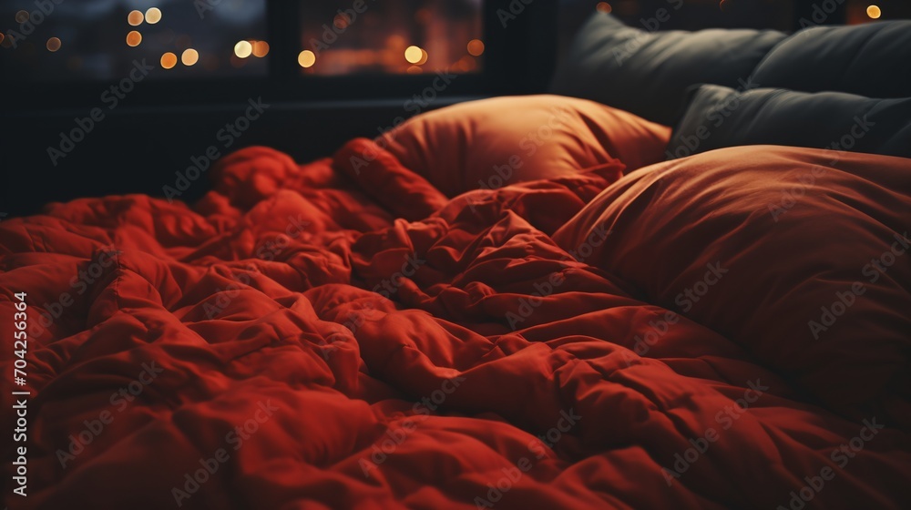 Red comforter on a bed with pillows and twinkling lights in the ...