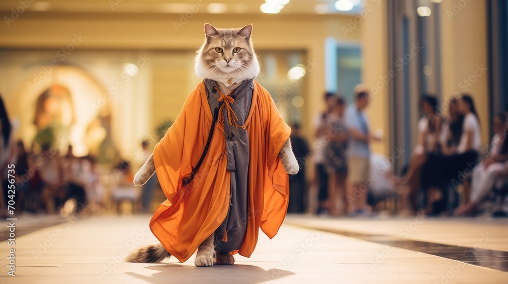 A cool cat wearing summer attire on a runway show, girl,odel figure ...