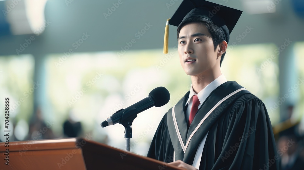 Several Asian university students are giving speeches. The visuals are ...